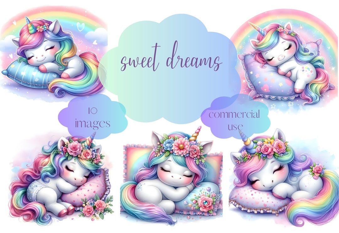 Watercolor Sleeping Unicorn Clipart: Rainbow Unicorn PNG (digital ...