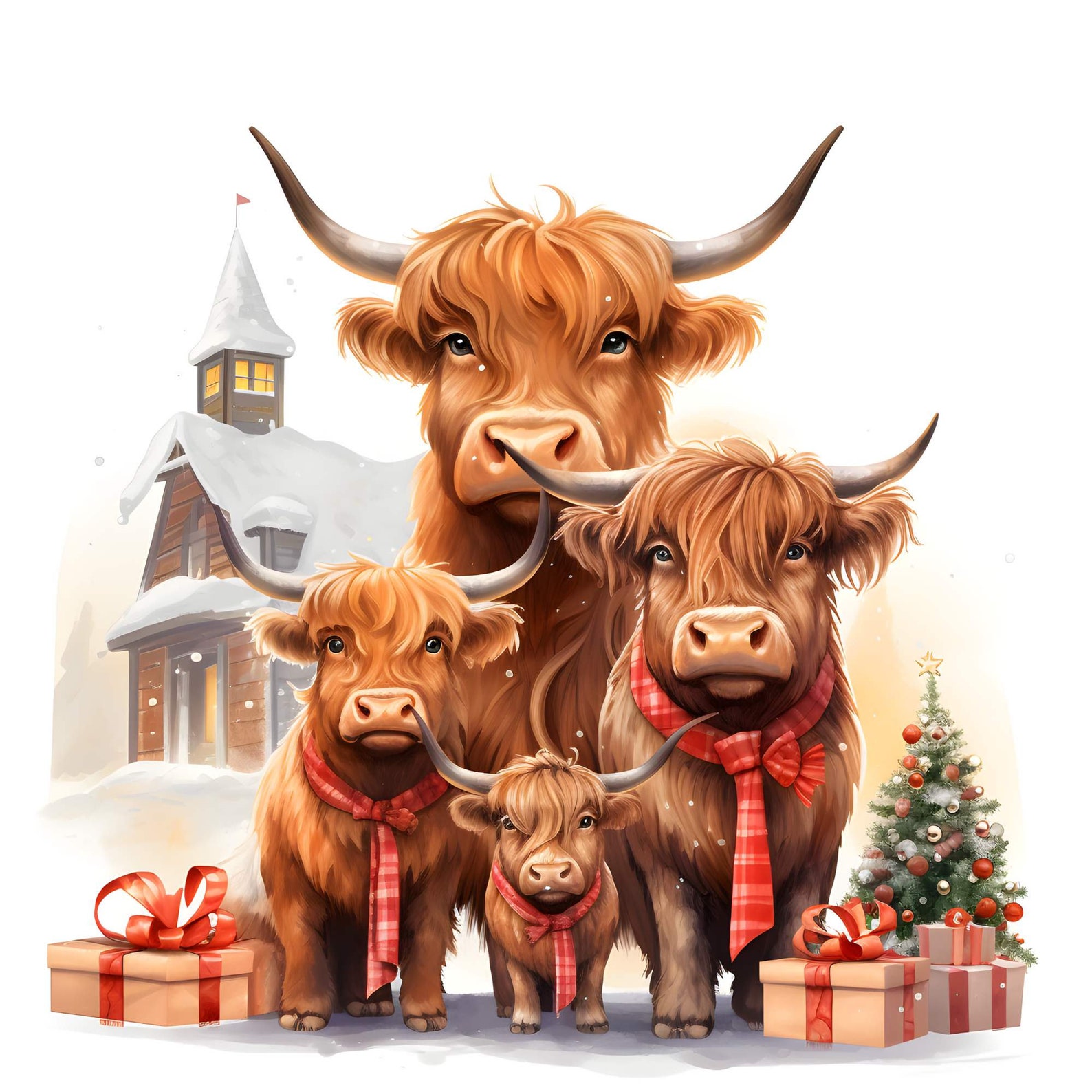 Watercolor Christmas Highland Cow Clipart: Holiday PNG (digital ...