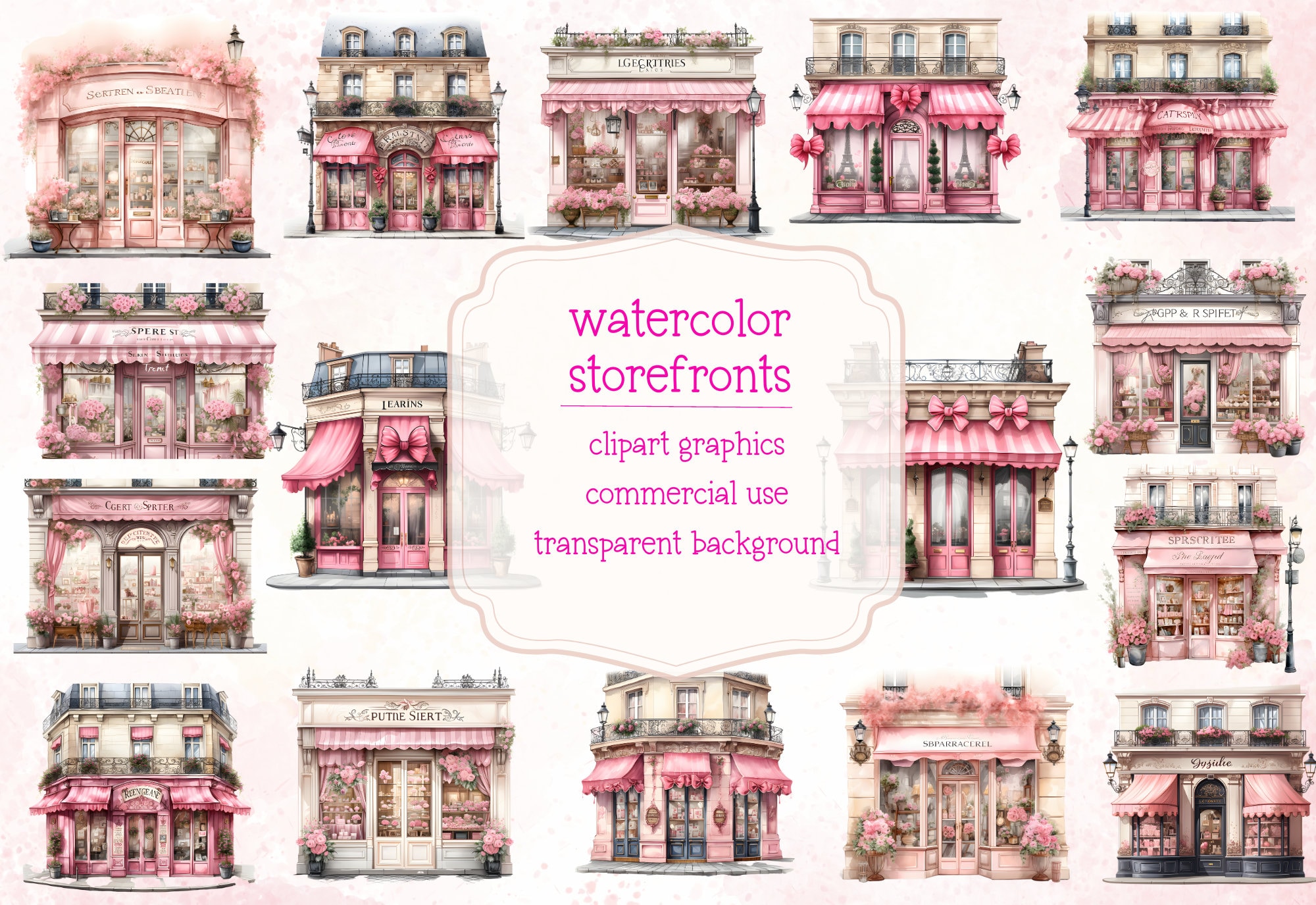 Watercolor Paris Storefronts Clipart: Pink Shops, Commercial Use (PNG ...