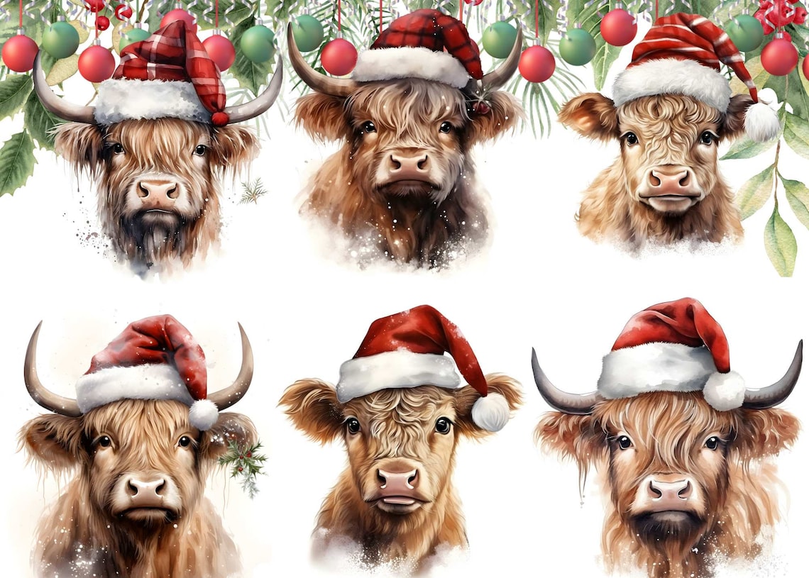 Highland Cow Christmas Clipart Png, Nursery Print, Highland Cow Winter ...