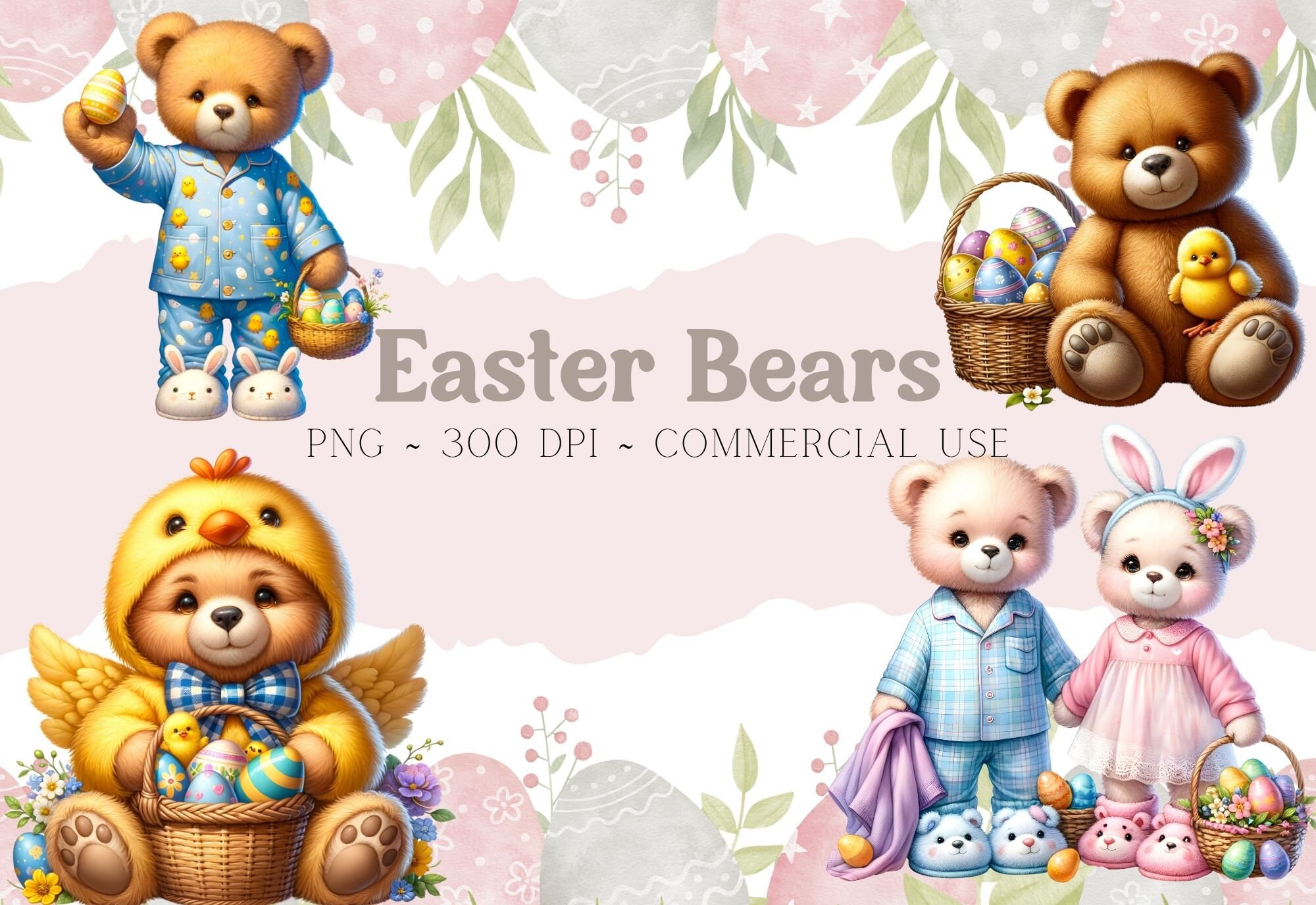 Watercolor Easter Teddy Bear Clipart, Spring Watercolor Clipart, Easter ...