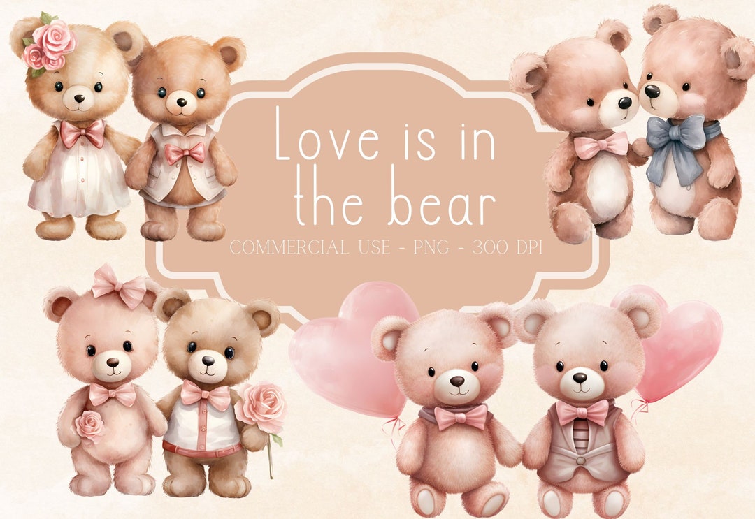 Valentine's Day Bear Clipart PNG, Watercolor Bear Clipart, Romantic ...