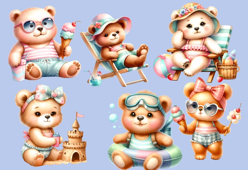 Watercolor Cute Summer Bear Clipart, Summertime Bear Clipart ...