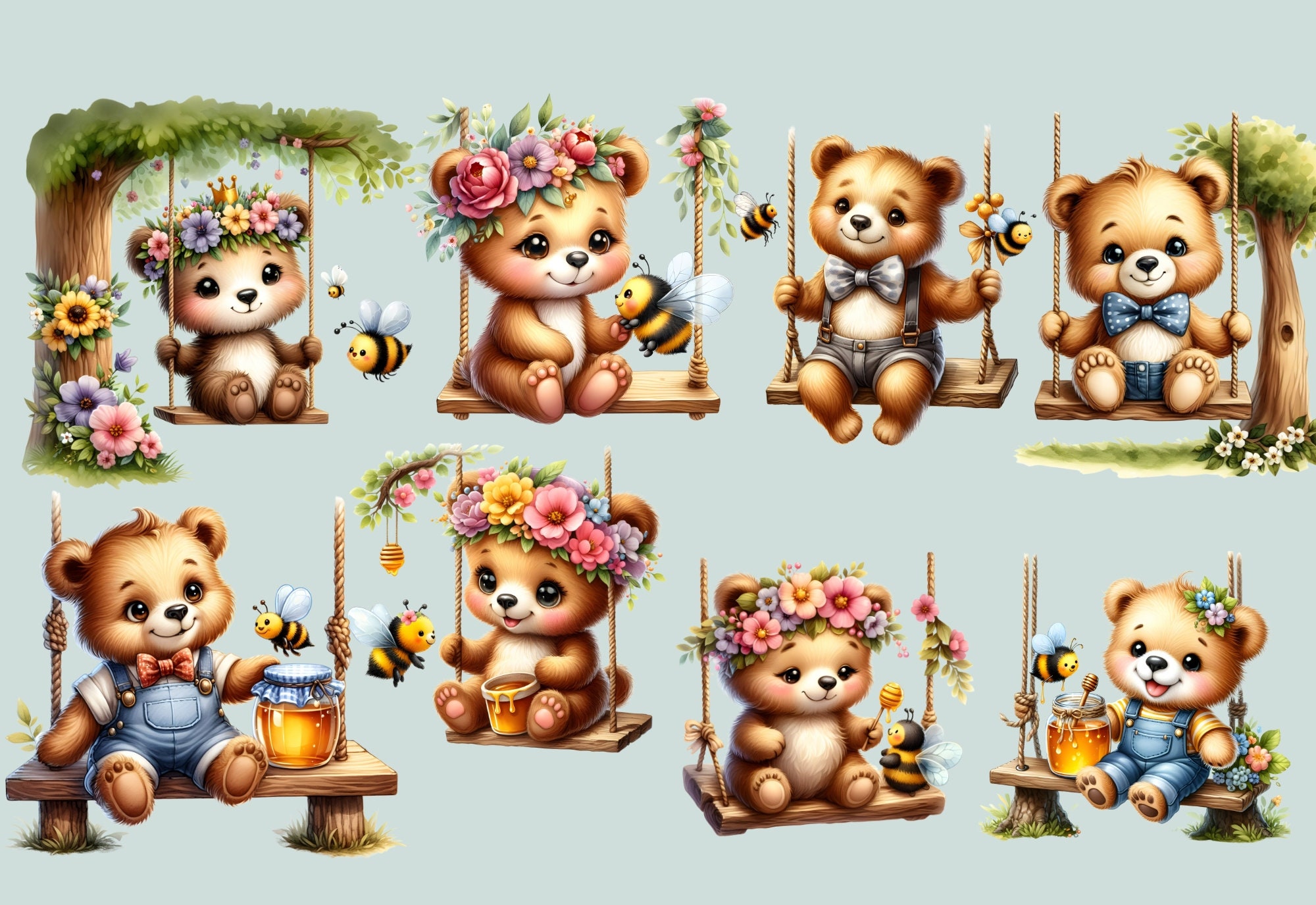 Watercolor Honey Bear Bumble Bee Clipart, Swinging Teddy Bear, Honey ...
