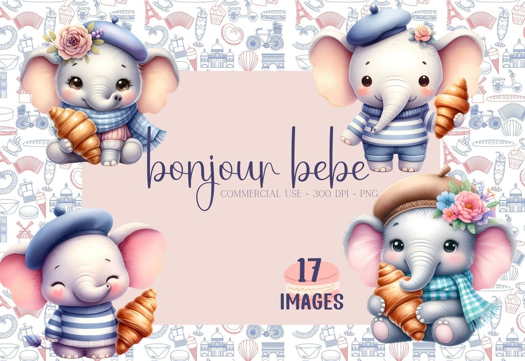 Watercolor Paris Elephant Clipart: French Baby Shower Decor (PNG ...