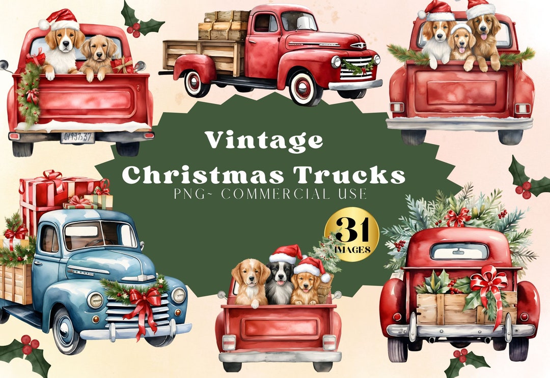 Watercolor Vintage Christmas Truck Clipart, Red Truck Clipart, Vintage ...