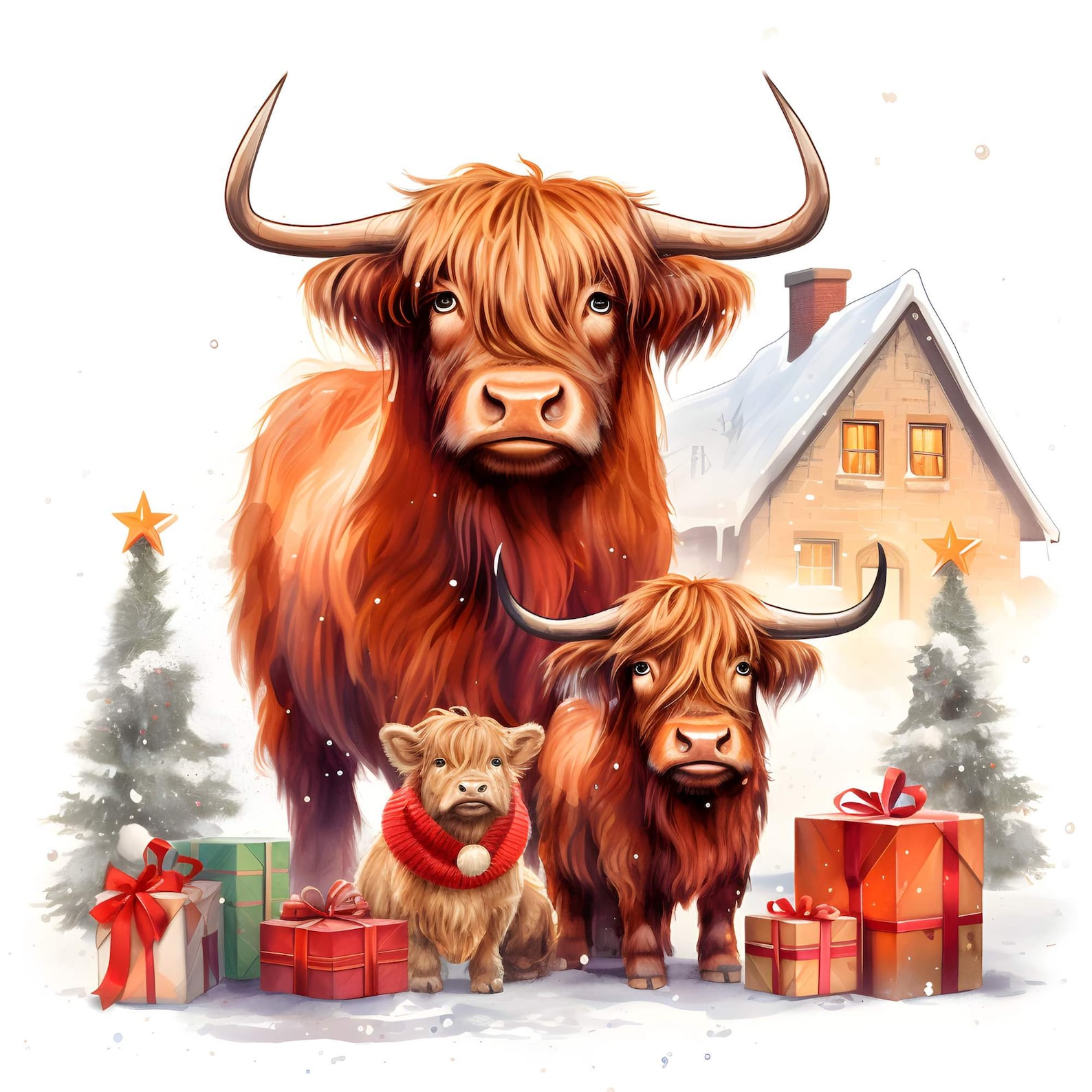 Watercolor Christmas Highland Cow Clipart, Watercolor Cow Art, Digital ...