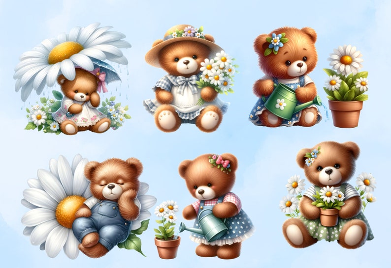 Watercolor Spring Daisy Bear Clipart, Cute Bear Clipart, Daisy Flower ...