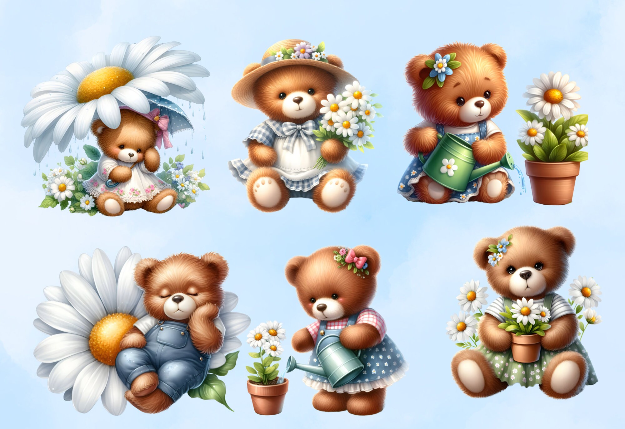 Watercolor Spring Daisy Bear Clipart, Cute Bear Clipart, Daisy Flower ...