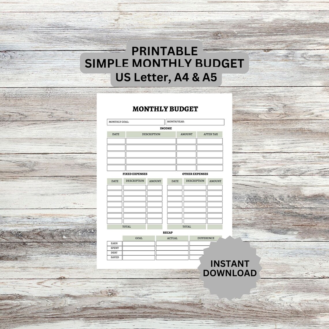 Printable Simple Monthly Budget, Personal Budget Template, Monthly PDF ...