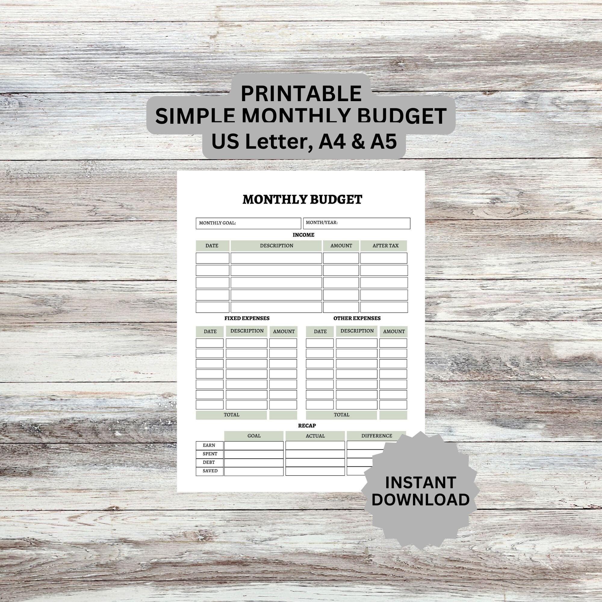 Printable Simple Monthly Budget, Personal Budget Template, Monthly PDF ...