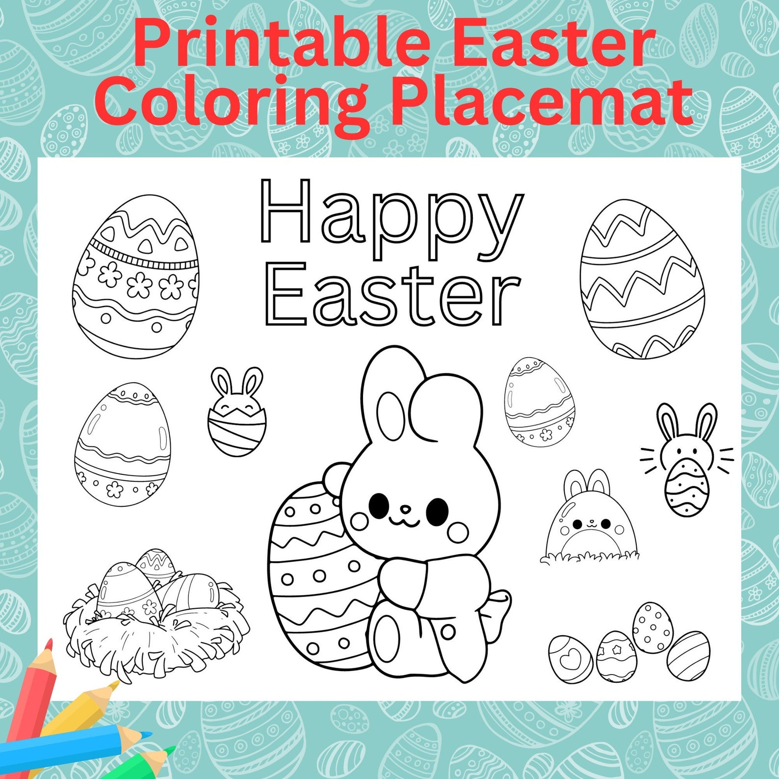 Happy Easter Activity Placemat, Printable Kids Easter Eggs Coloring ...