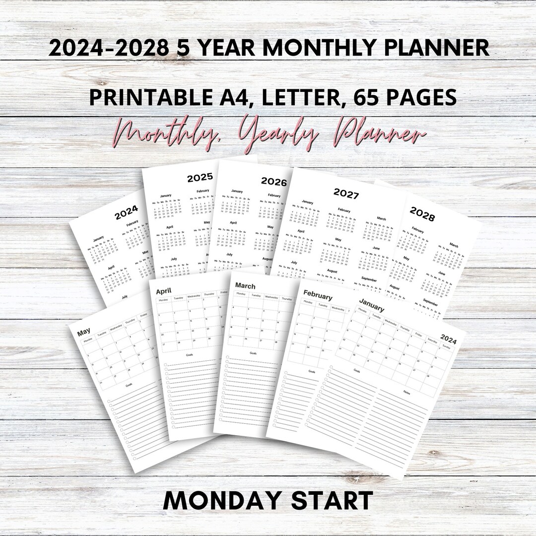 2024-2028 Printable Calendar, 5 Year Planner, Yearly Calendar, Monthly ...