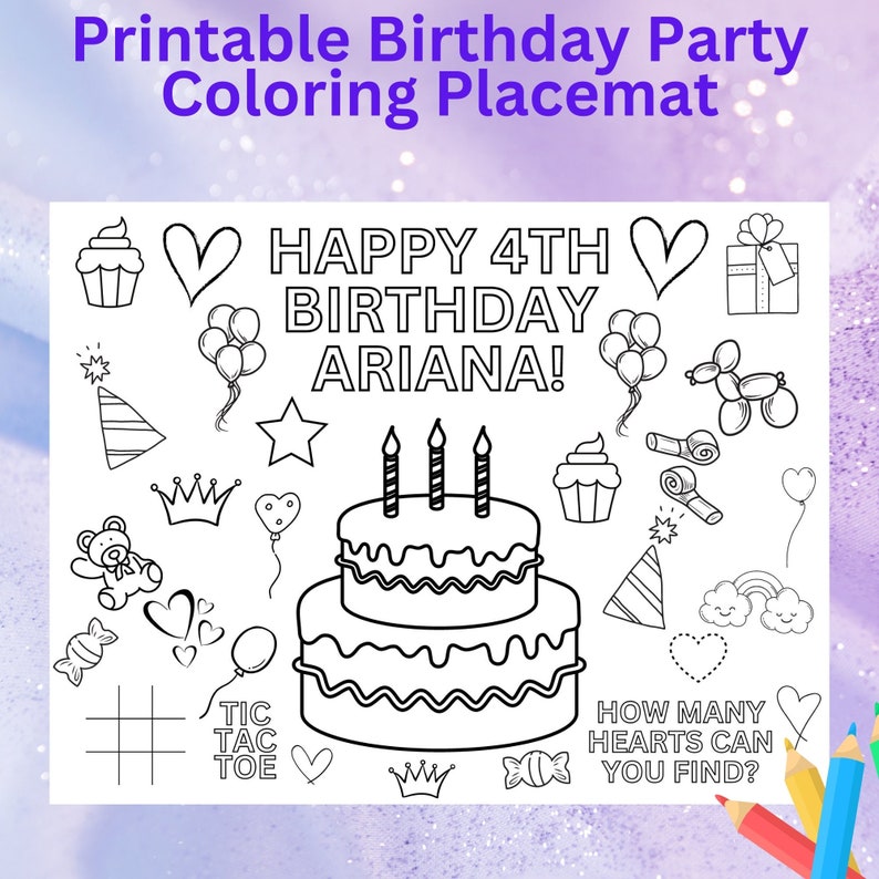 Personalized Birthday Placemat Coloring Page, Birthday Party Coloring ...