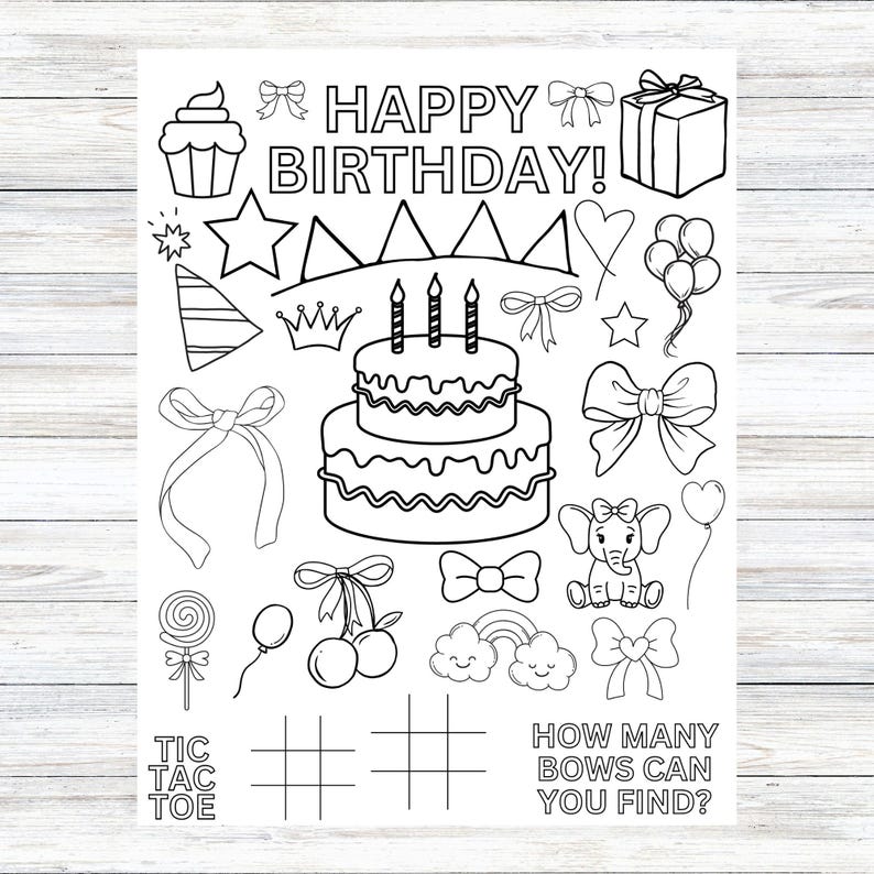 Bow Theme Birthday Party Coloring Page, Birthday Coloring Page Activity ...