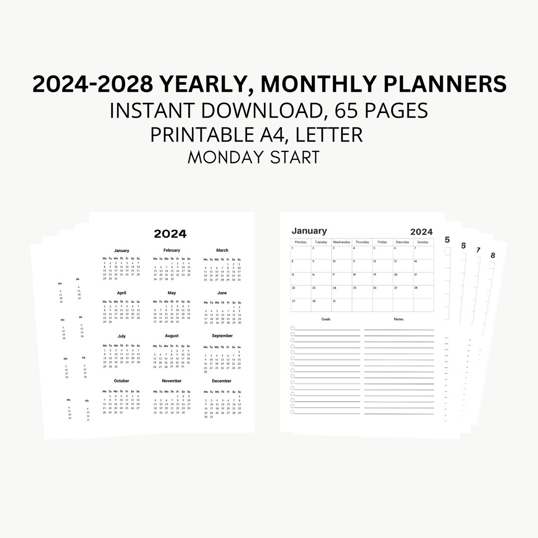2024-2028 Printable Calendar, 5 Year Planner, Yearly Calendar, Monthly ...