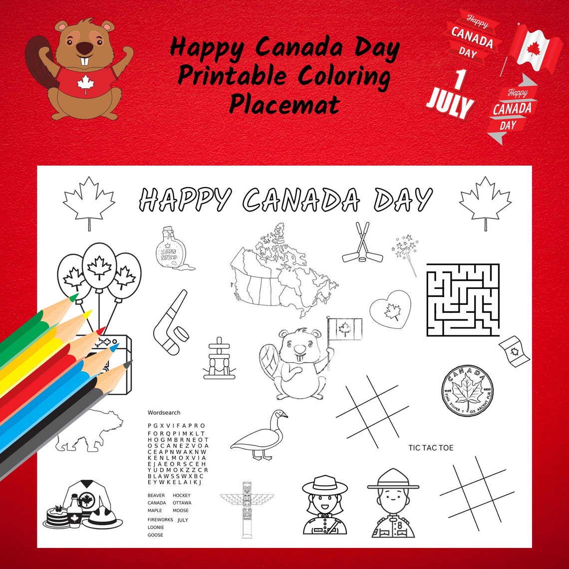 Happy Canada Day Printable Coloring Placemat, Coloring Activity Mat ...