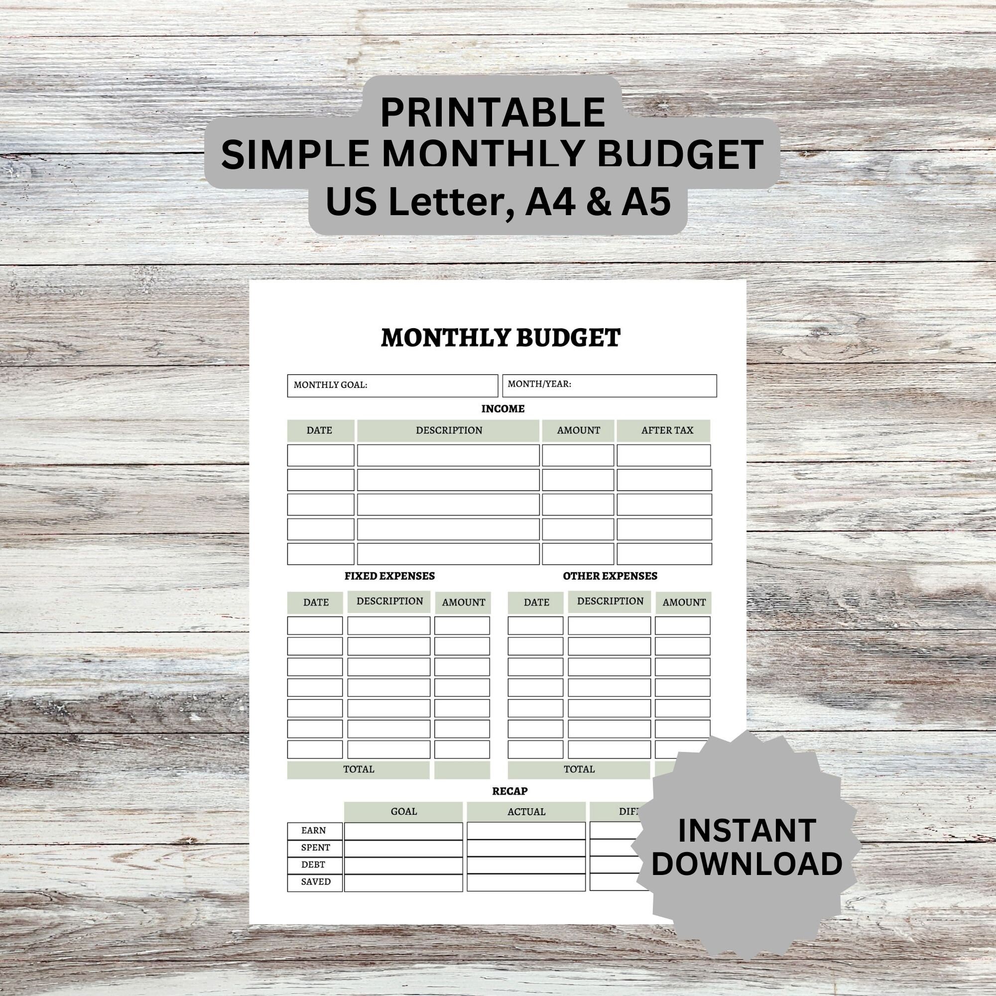 Printable Simple Monthly Budget, Personal Budget Template, Monthly PDF ...