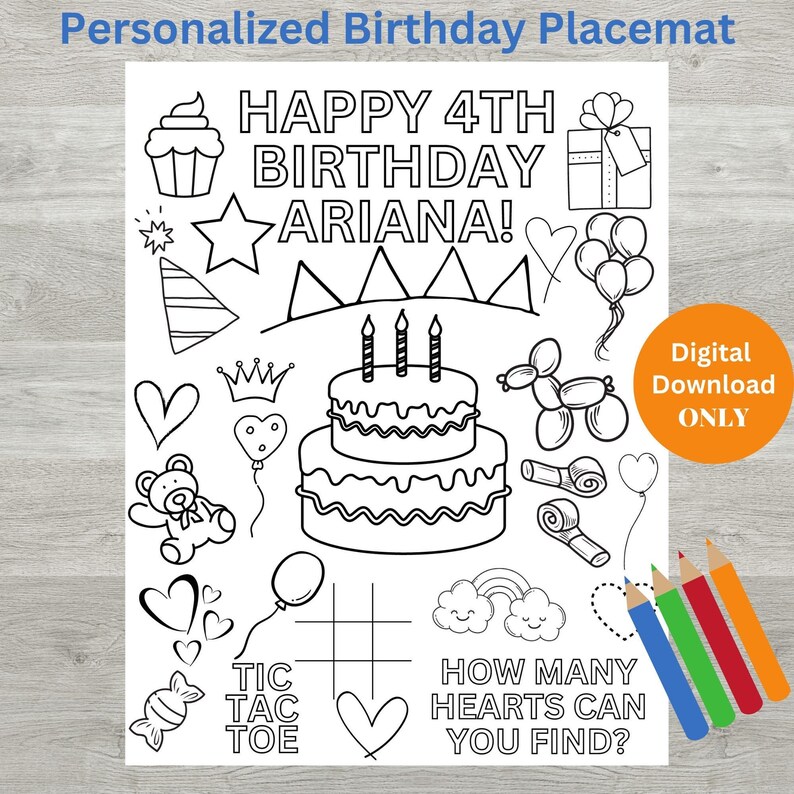 Personalized Birthday Placemat Coloring Page Birthday Party - Etsy