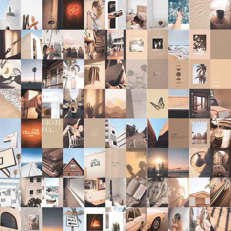 100PC Beige Wall Collage Kit Aesthetic, #1 Neutral Trendy Girl Tropical Photo Kit, Plants Ocean ...