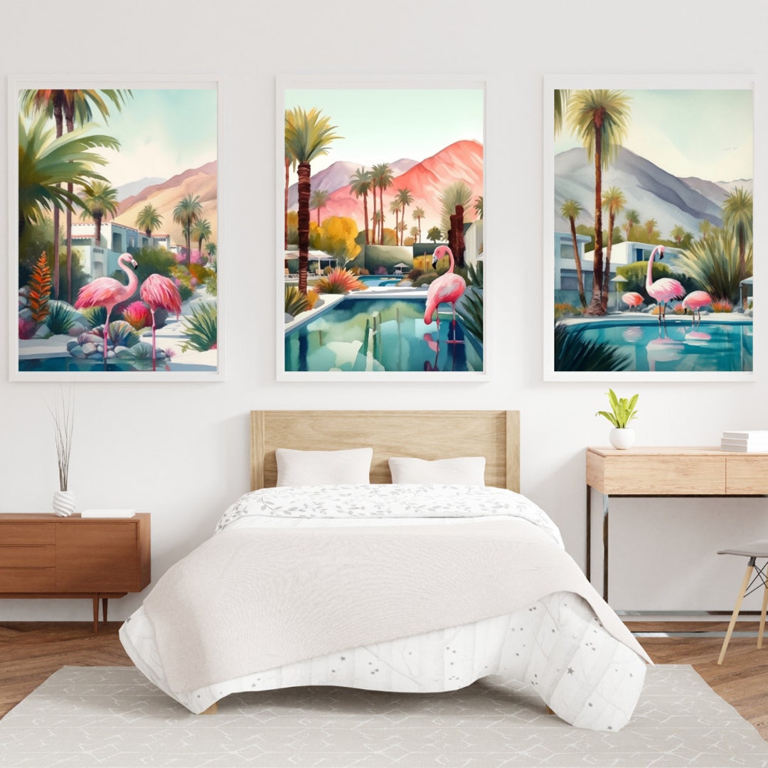 Tropical Oasis Watercolor Print Set With Palm Trees & Flamingos Create ...