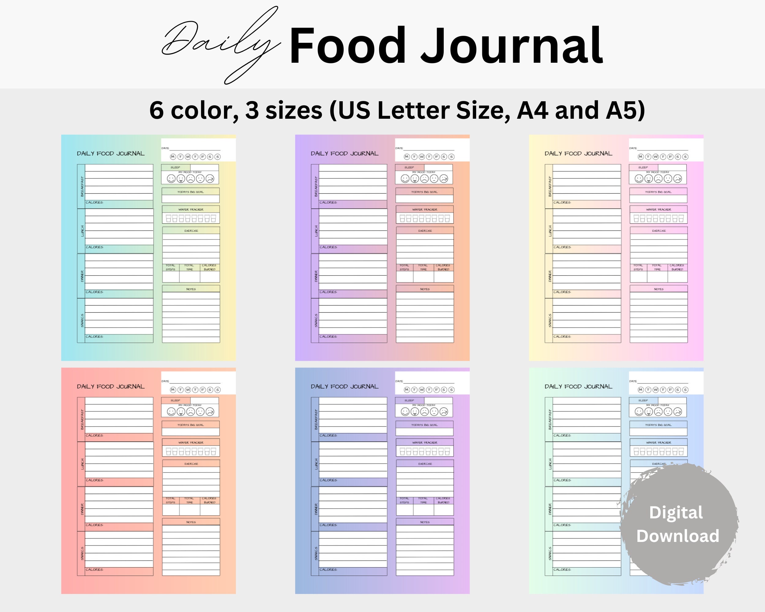 Digital Meal Plan Diary Daily Food Journal & Diet Planner PDF Printable ...