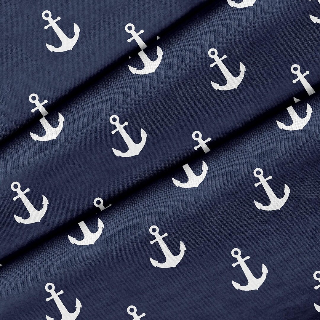 White Anchor Nautical Theme Fabric, Premium Quality Fabric - for ...