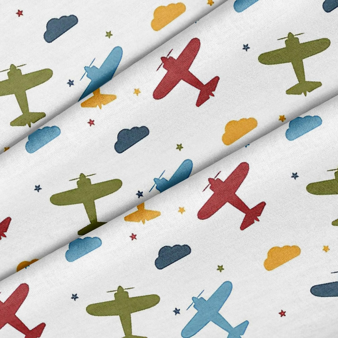 Kids Airplane Stars Clouds Theme Fabric, Premium Quality Fabric - for ...