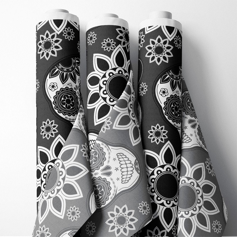 Grayscale Sugar Skull Theme Fabric, Premium Quality Fabric - for ...