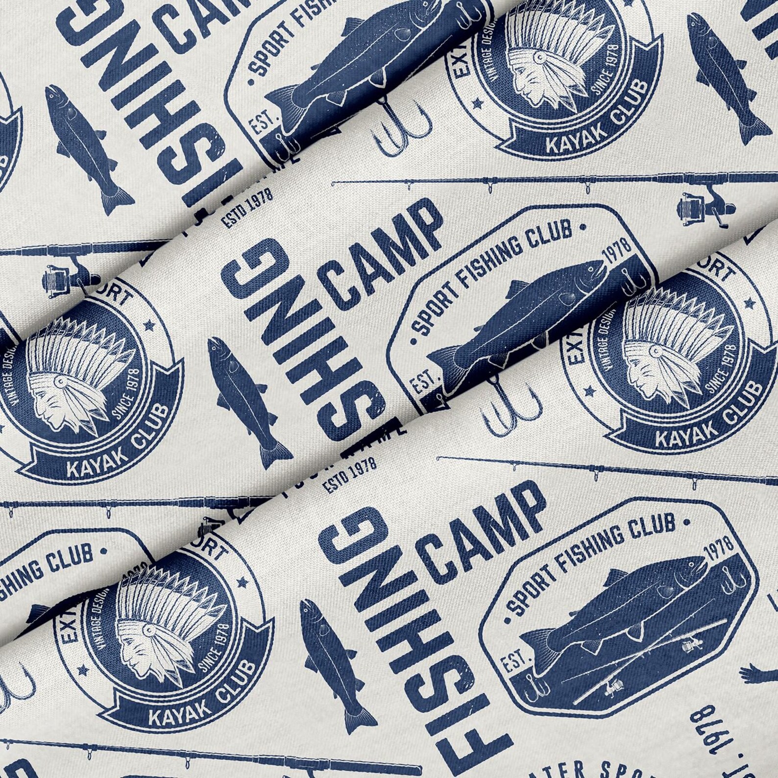 Fishing Club Canoe Theme Fabric, Premium Quality Fabric - for Quilting ...