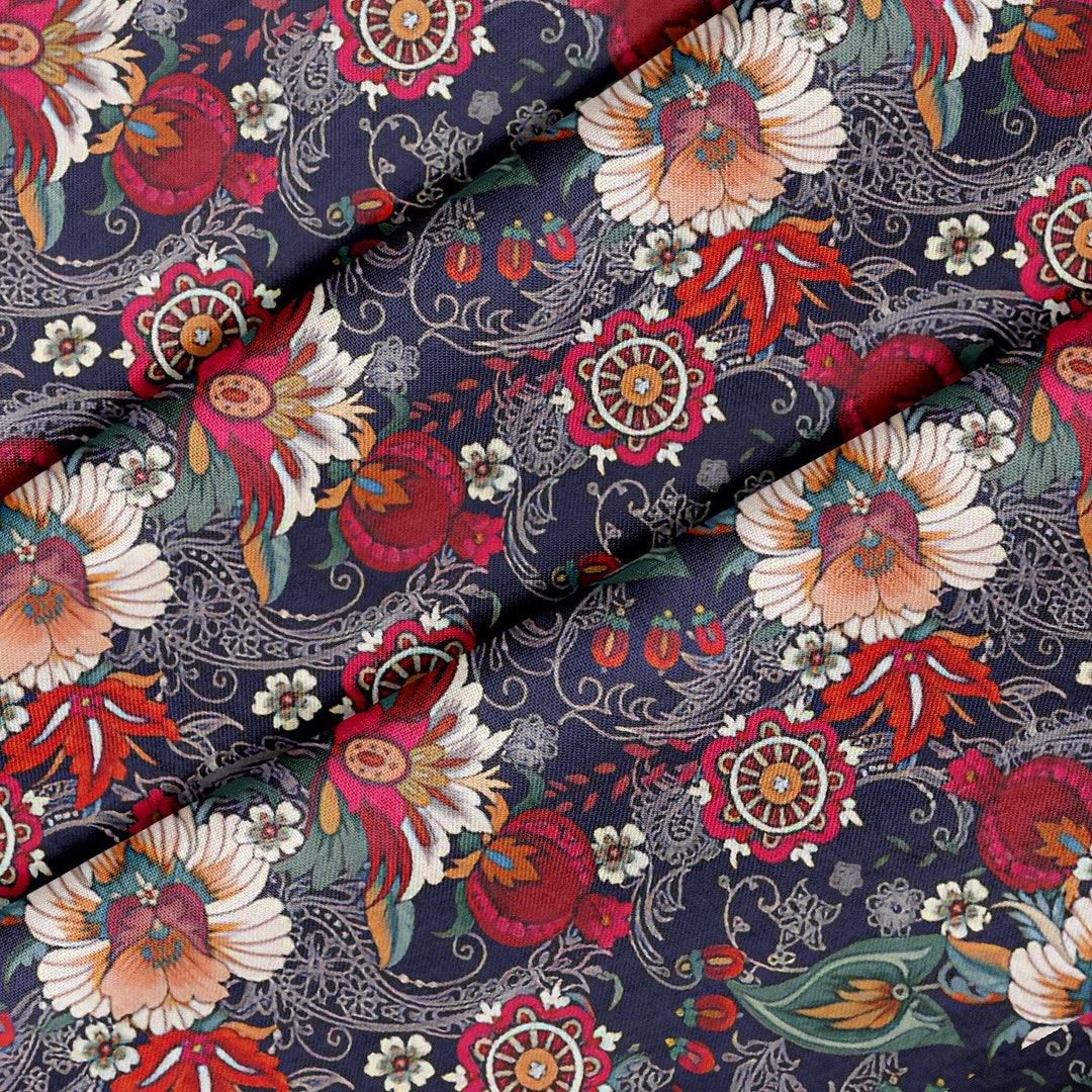 Folk Flowers Theme Fabric, Premium Quality Fabric - for Quilting, DIY ...