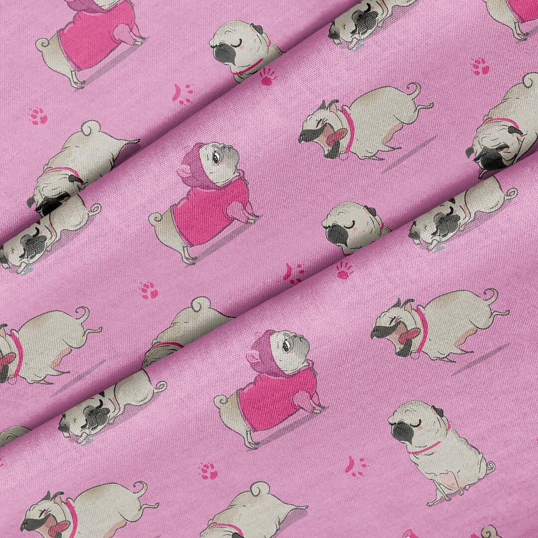 Adorable Cartoon Pug Design Theme Fabric, Premium Quality Fabric - for ...