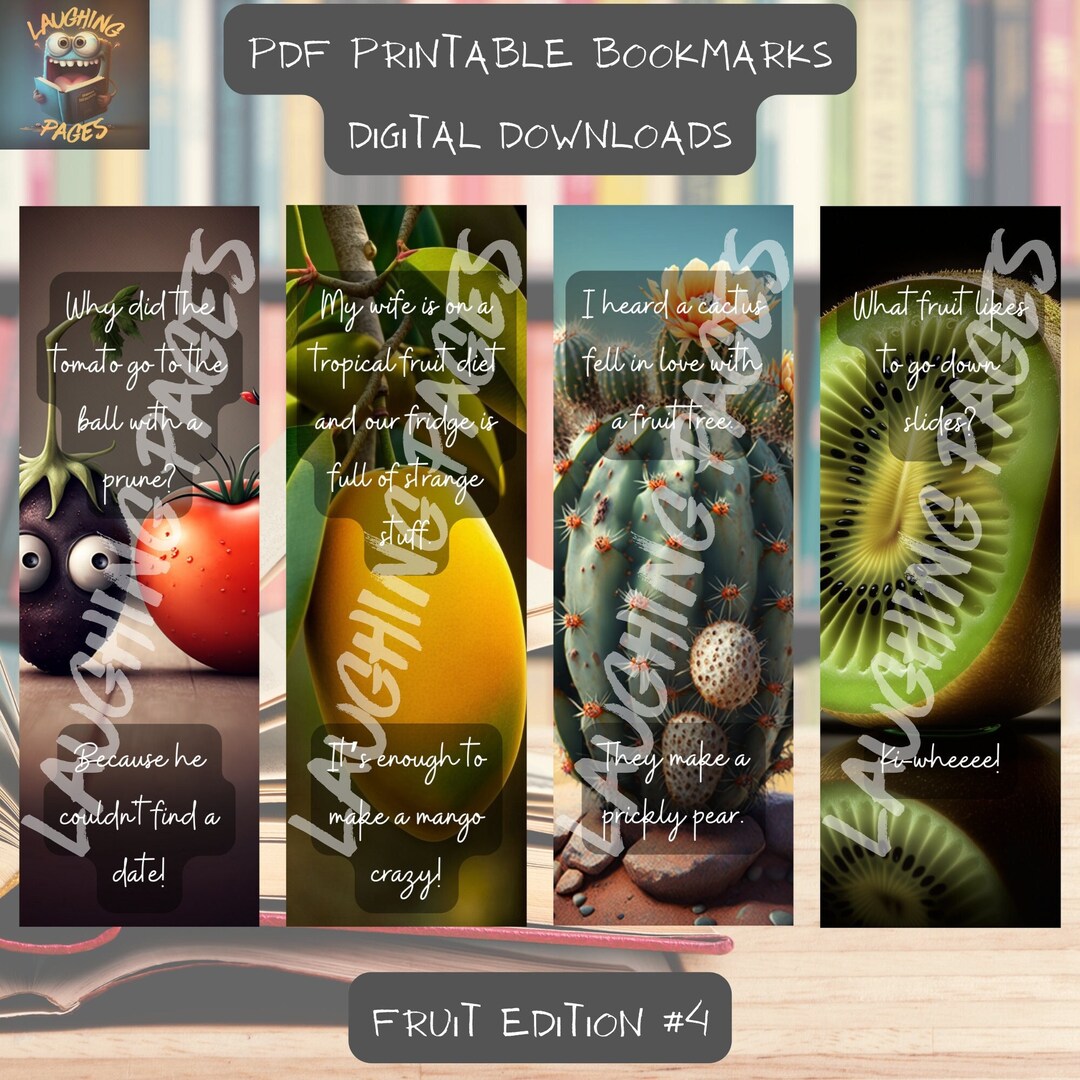 Fruits, Ed 4 Set of 4: Printable Bookmarks, Funny Quotes, Comedy, Gift ...