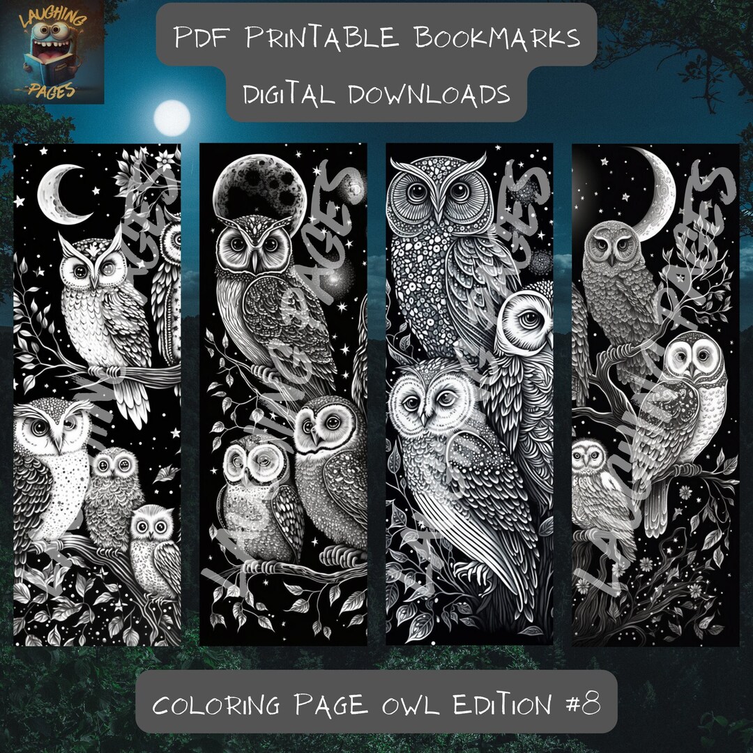 Coloring Page Owl, Ed 8 Set of 4: Printable Bookmarks, Coloring Page ...