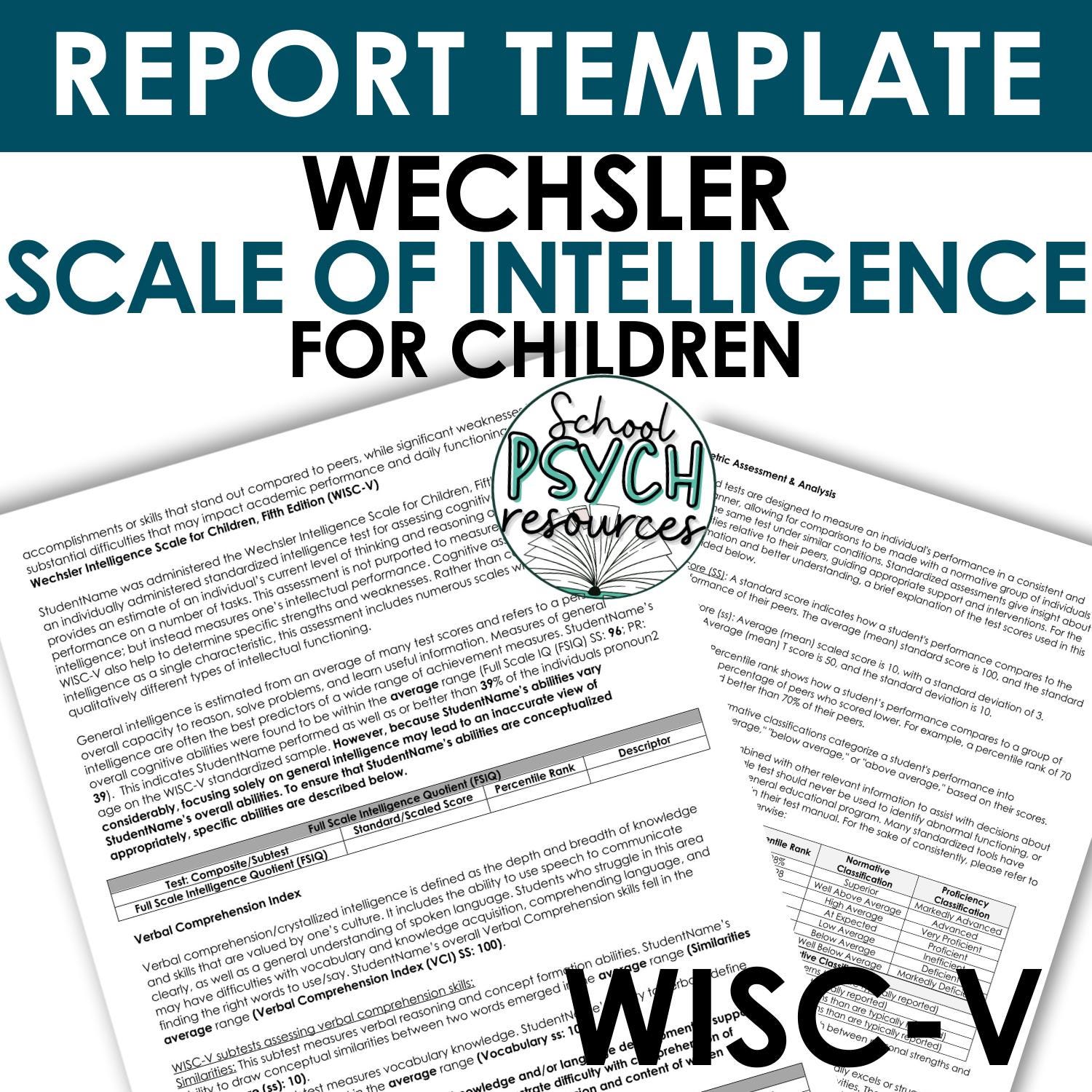 Wechsler Intelligence Scale for Children Fifth WISC-V Report Template ...