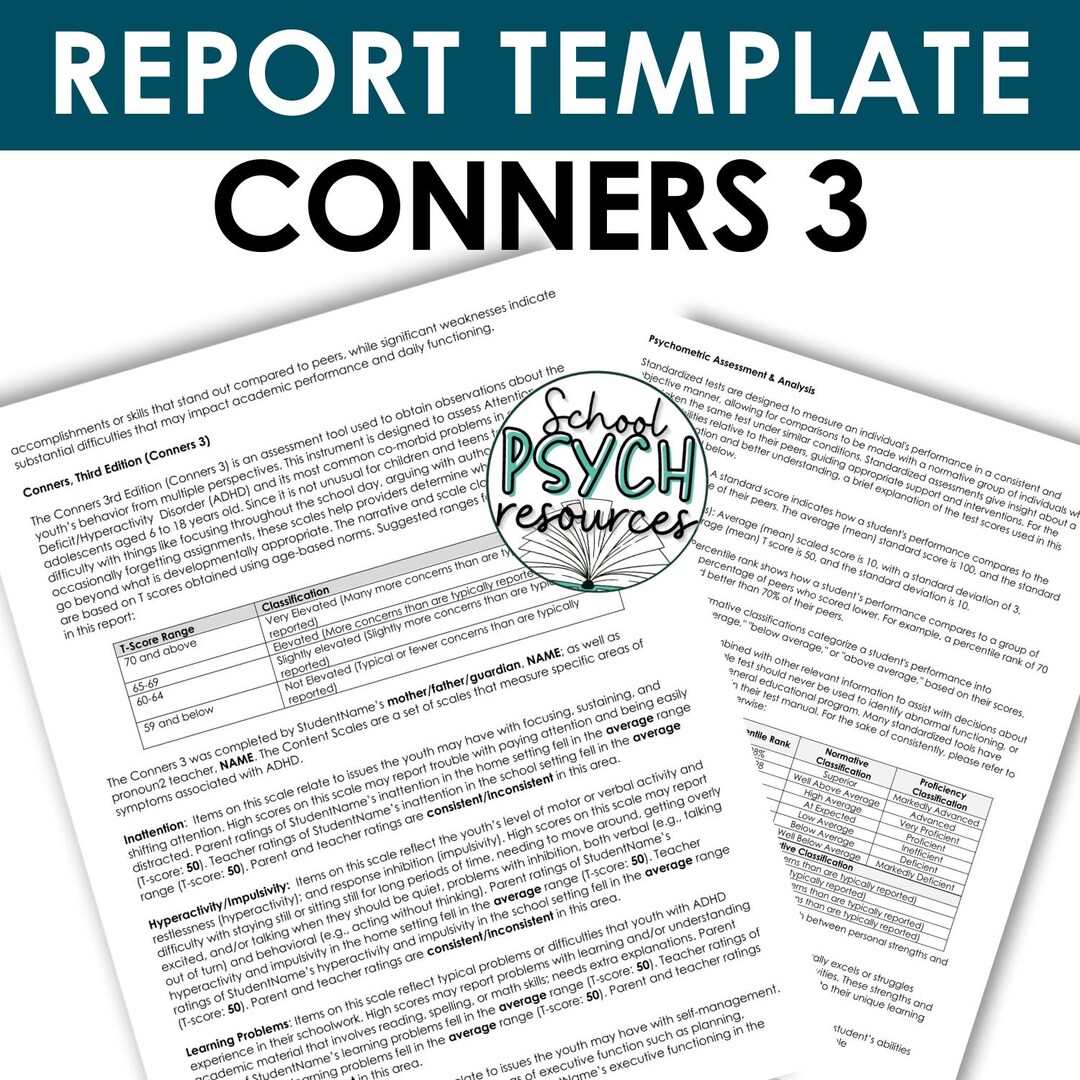 Conners 3 Report Template School Psych Special Education ADHD Attention ...