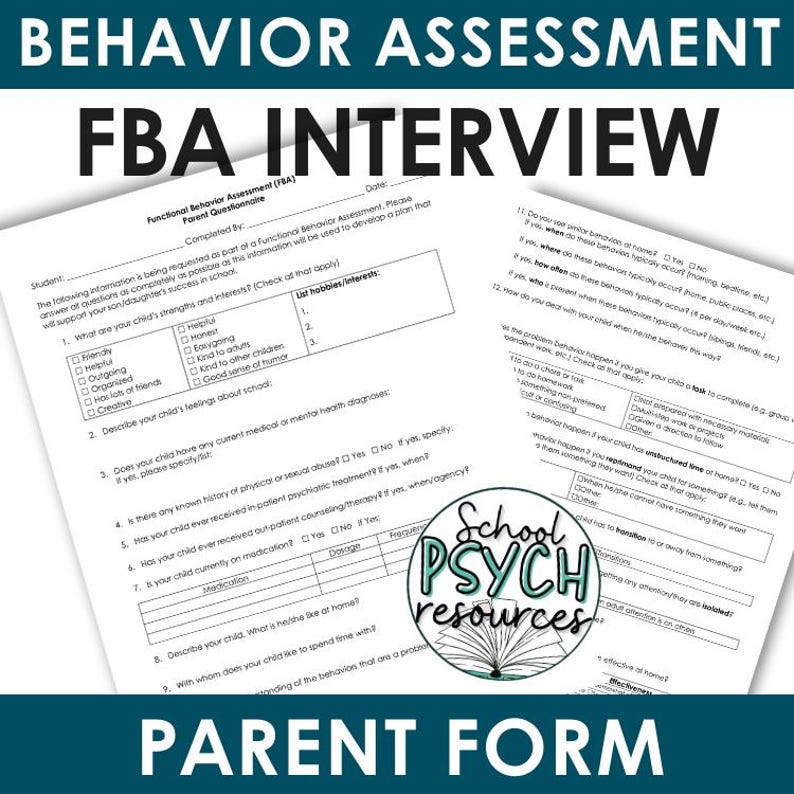 FBA Form Parent Interview Questionnaire SPED School Psychologist ...