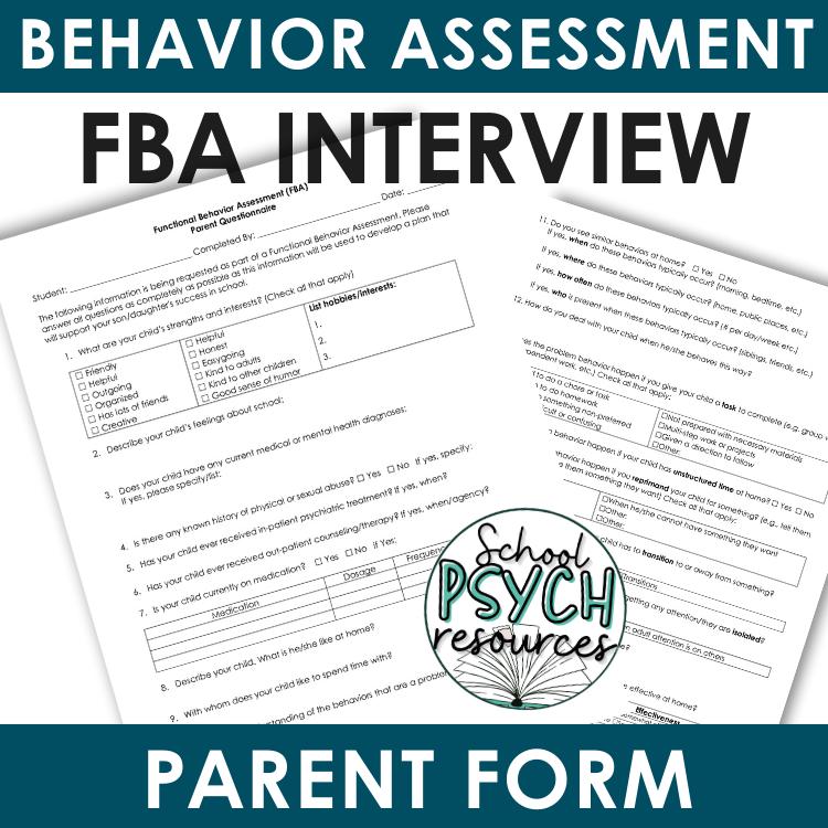 FBA Form Parent Interview Questionnaire SPED School Psychologist ...