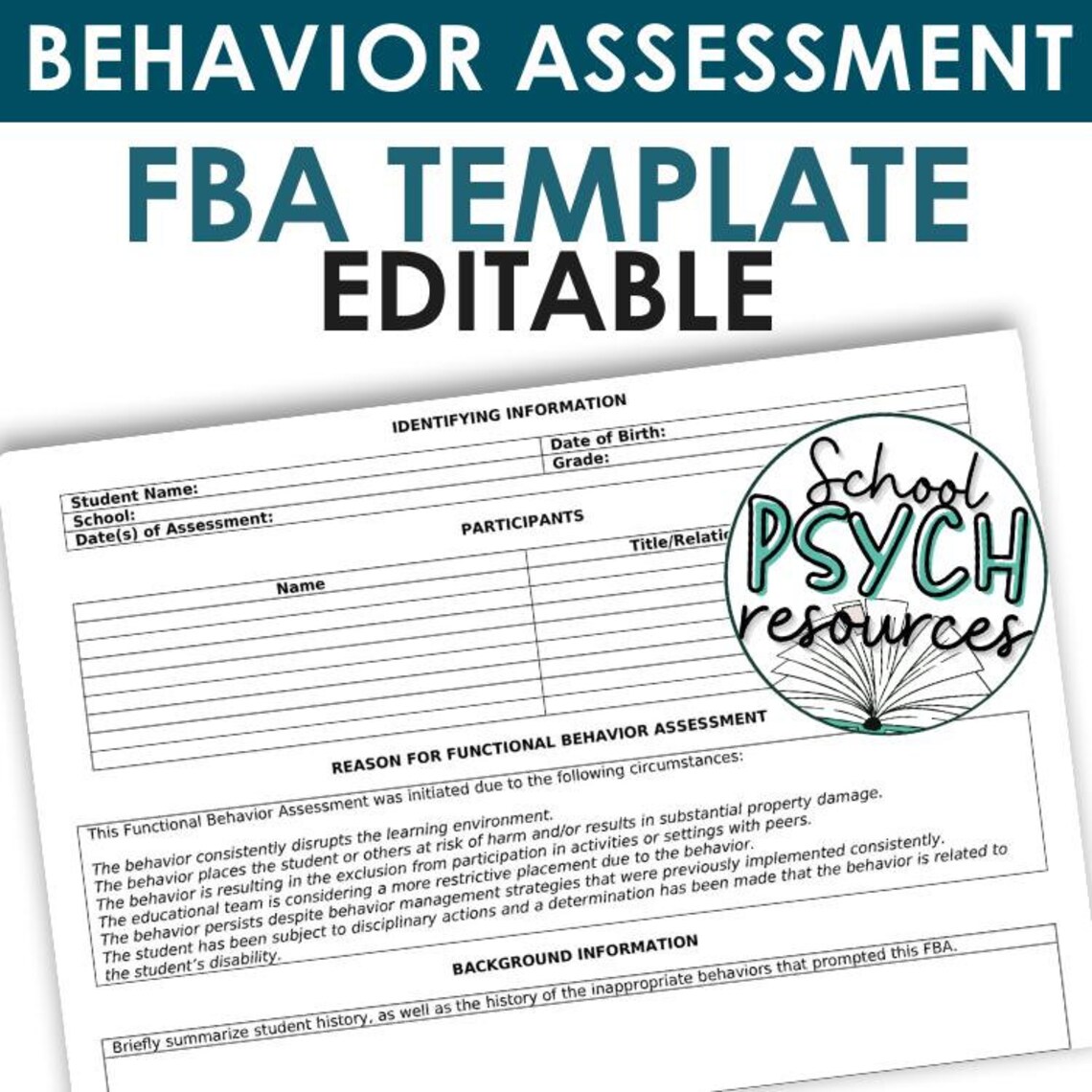 FBA Form Draft Document Template Shell School Psychologist Behavior ...