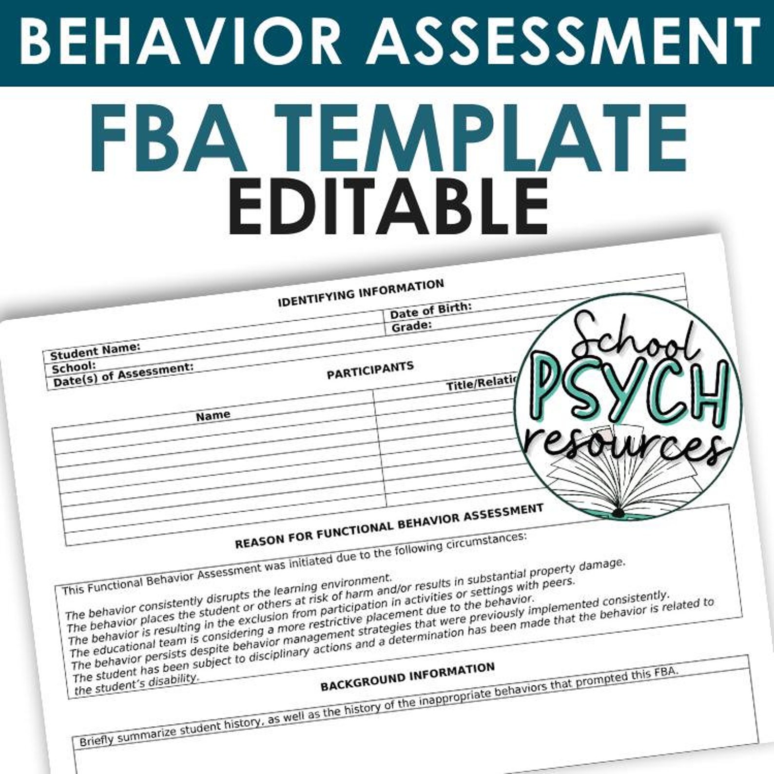 FBA Form Draft Document Template Shell School Psychologist Behavior ...