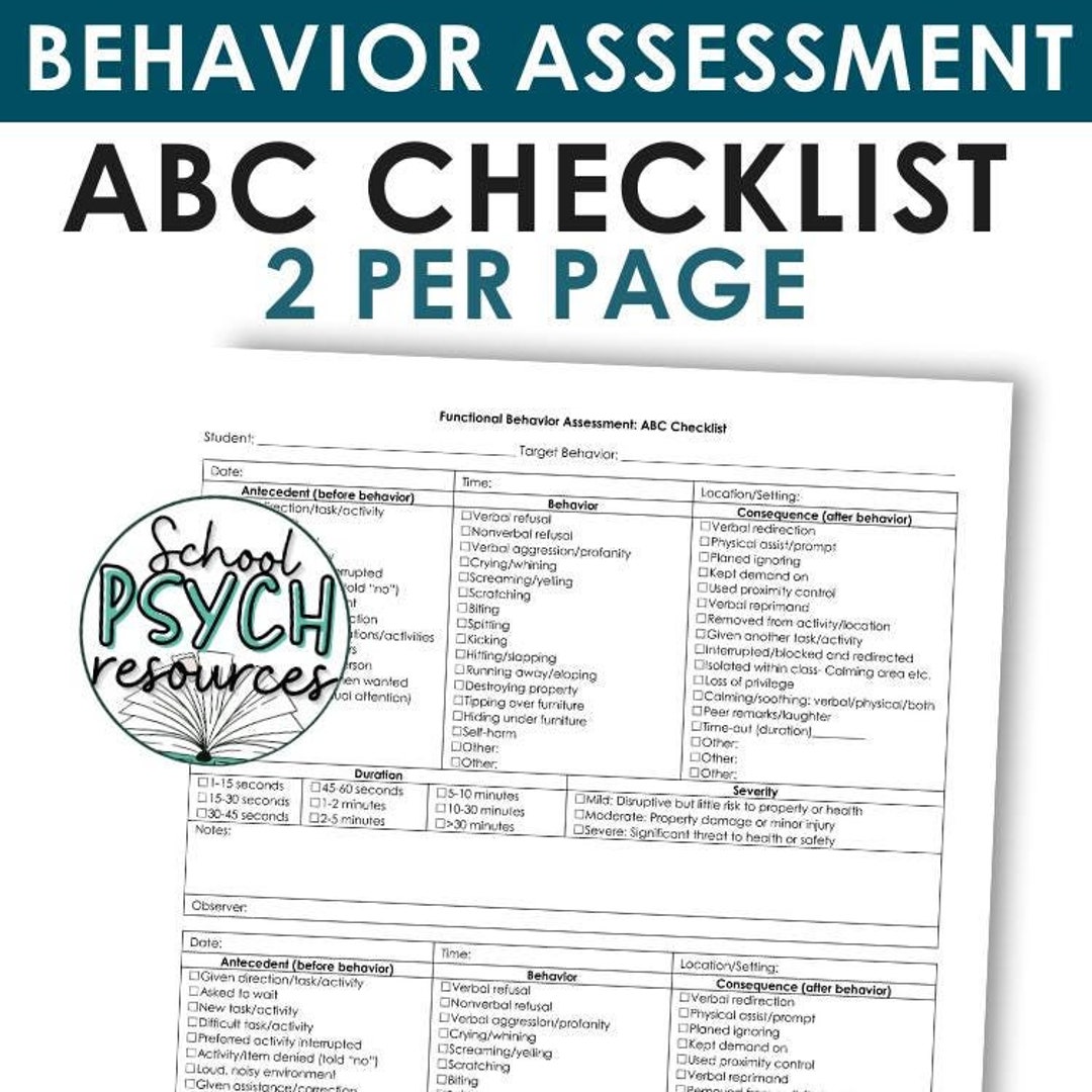 FBA ABC Checklist Behavior Data Form School Psychologist Behavior ...