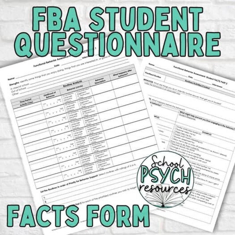 FBA Form Student FACTS Interview Questionnaire SPED School Psychologist ...
