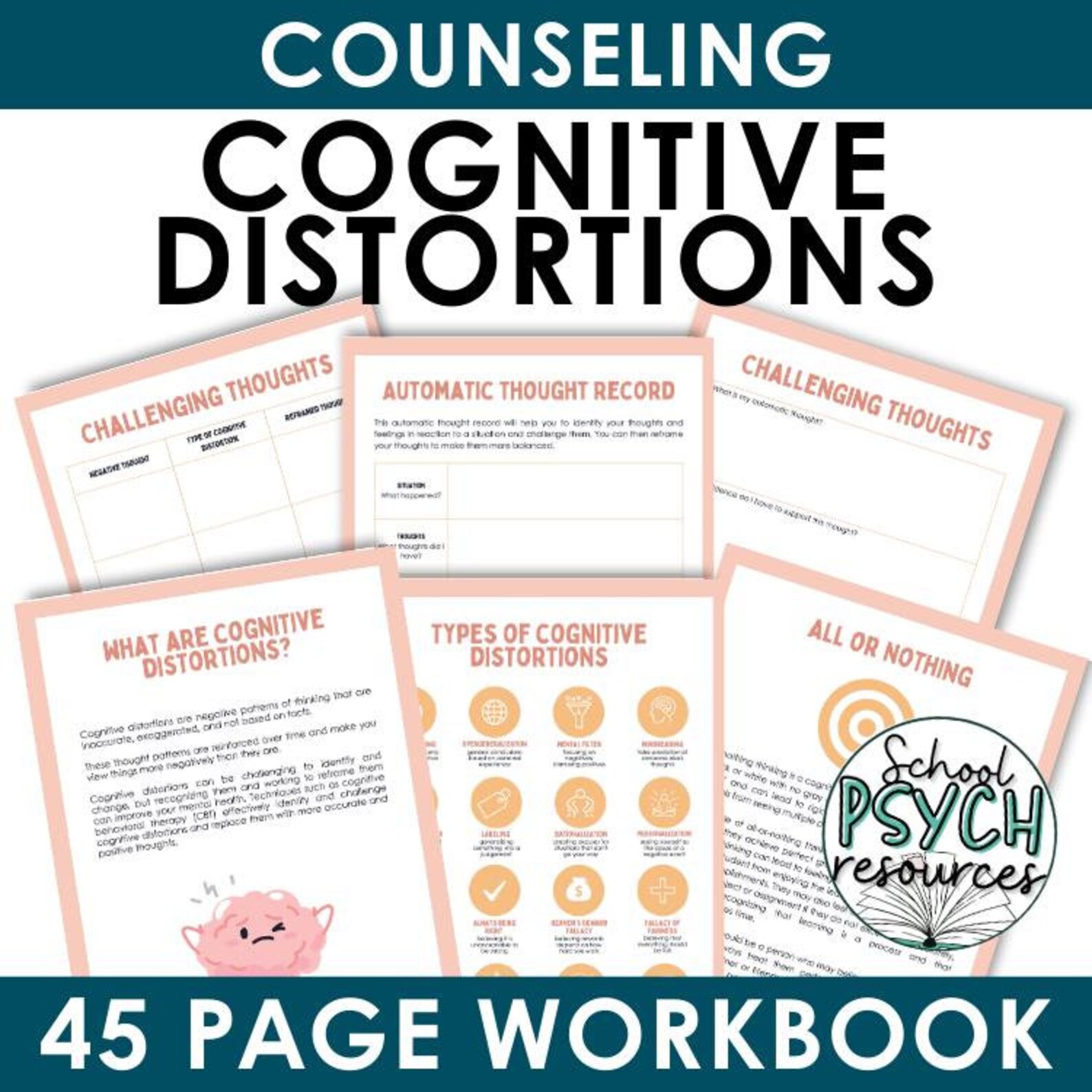 Cognitive Distortions Workbook School Counseling Therapy Negative ...