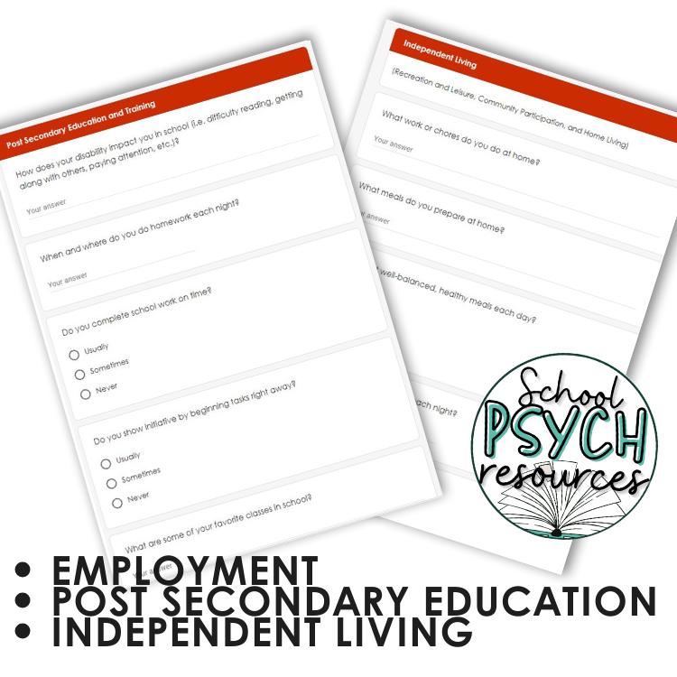 Transition Planning 9-12 STUDENT Google Form Special Education IEP SPED ...