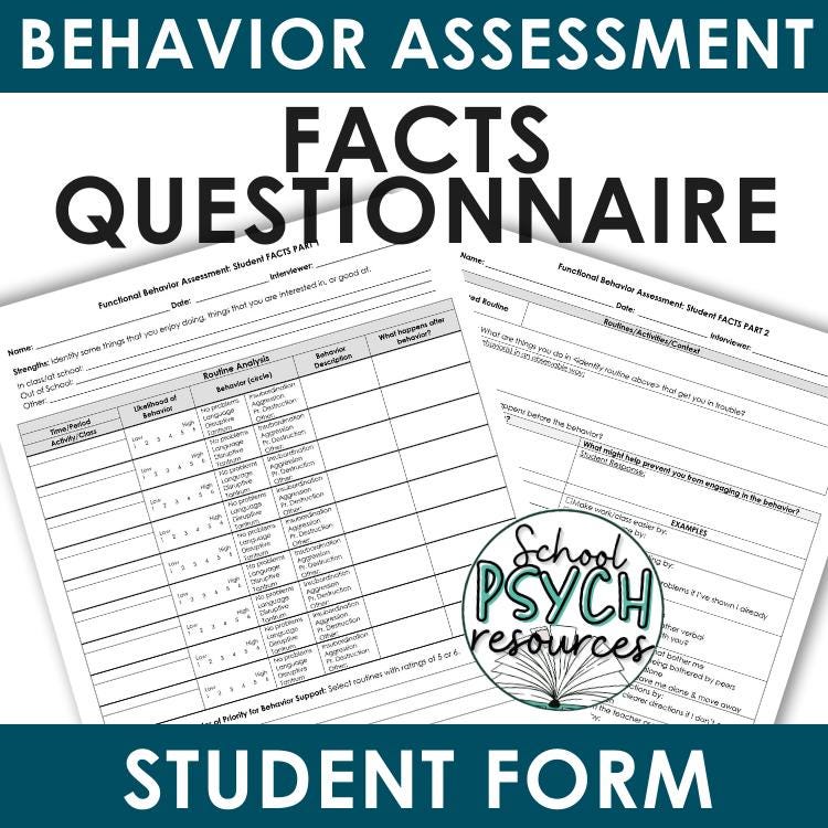 FBA Form Student FACTS Interview Questionnaire SPED School Psychologist ...