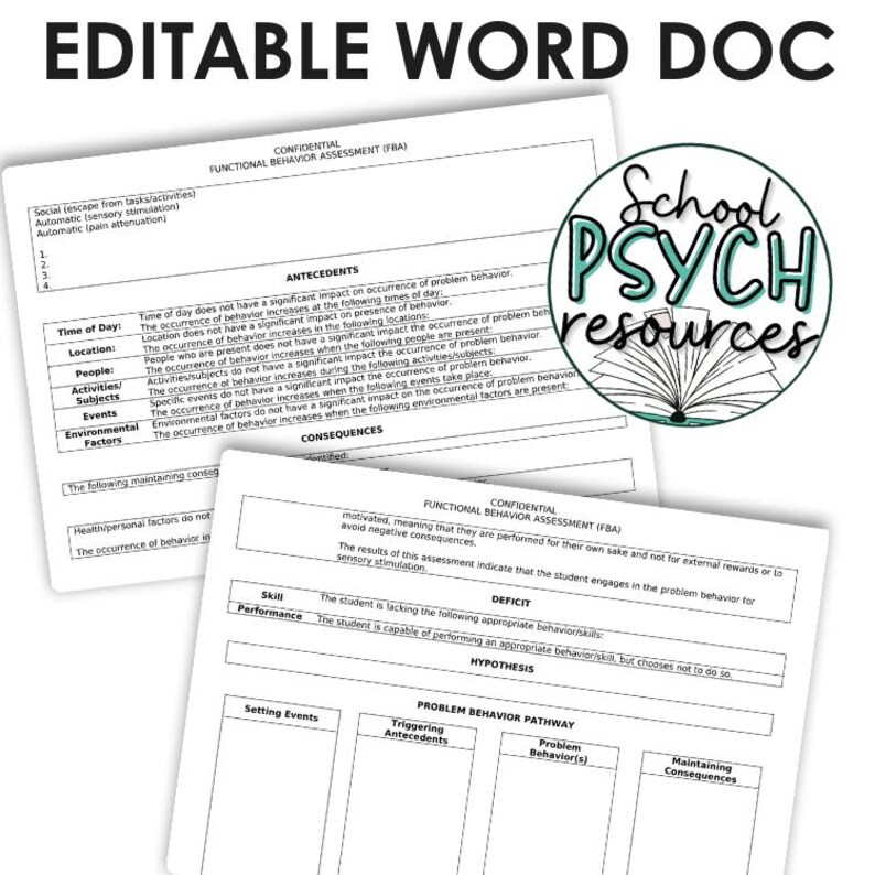 FBA Form Draft Document Template Shell School Psychologist Behavior ...