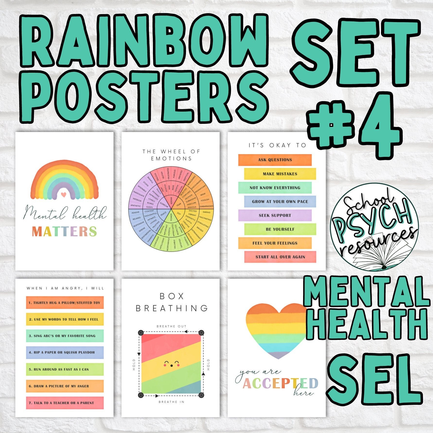 RAINBOW Posters SET 4 Breathing Mindfulness Relaxation Classroom Office ...