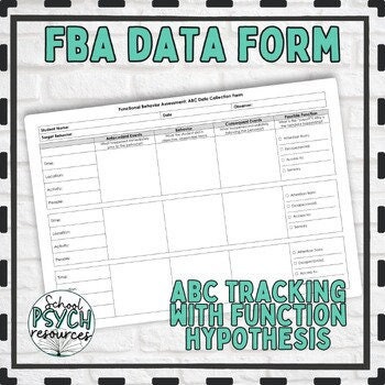 FBA ABC Behavior Data Form Function School Psychologist Behavior ...