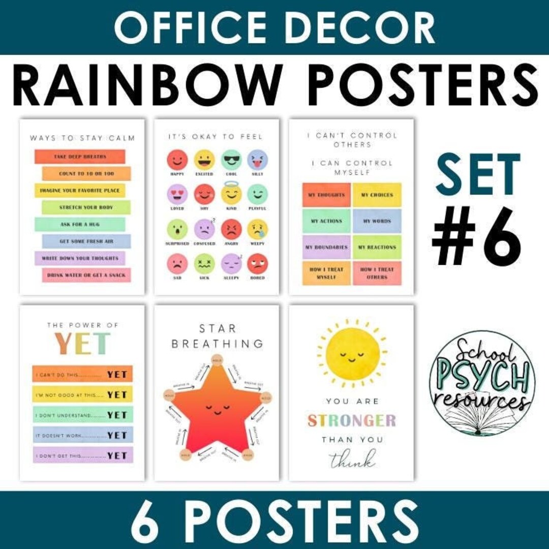 RAINBOW Posters SET 6 Breathing Mindfulness Relaxation Classroom Office ...