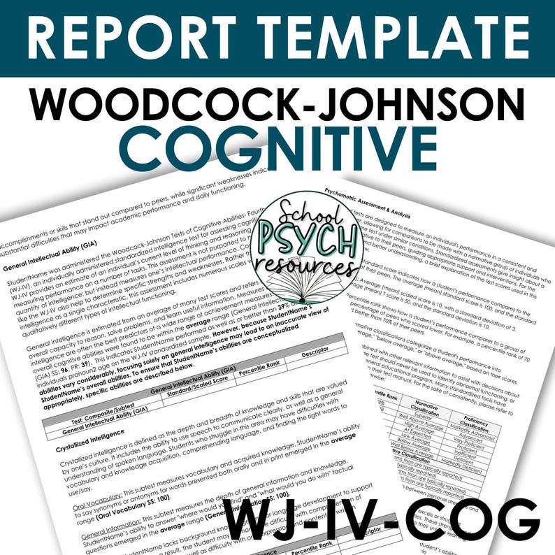 Woodcock Johnson Test of Cognitive Abilities WJ-COG Report Template ...